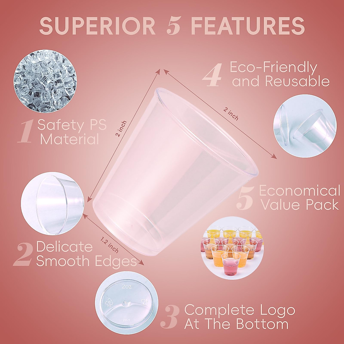 JOLLY CHEF 1000 Pack Plastic Shot Glasses-2 oz Disposable Cups 2 Ounce Plastic Shot Cups Ideal for Whiskey, Tasting,Food Samples,Perfect for Halloween, Thanksgiving,Christmas Party