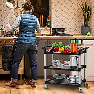 Service Cart Heavy Duty 3-Shelf Rolling Utility/Push Cart with Lockable Wheels, 360 lbs. Capacity, Black, for Foodservice/Restaurant/Cleaning