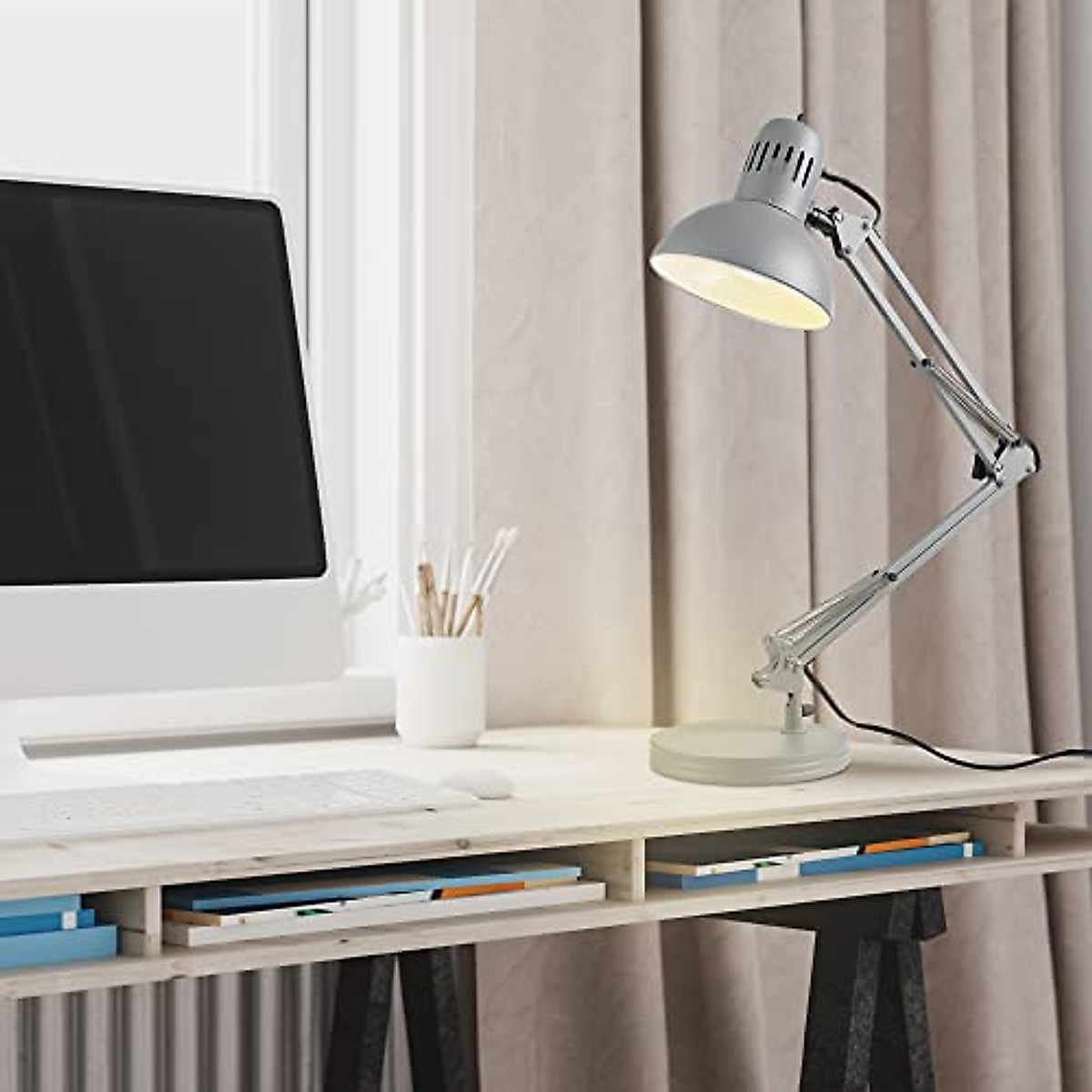 Globe Electric 56106 28" Spring Balanced Arm Desk Lamp, Matte Gray, On-Off Rotary Switch on Shade, Interchangeable Base and Clamp Arm Design, Home Décor, Desk Lamps for Home Office, Home Décor
