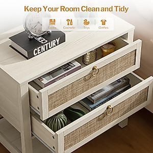 SICOTAS White Night Stand Set of 2, Large Nightstand with Drawers and Storage Shelf - Rattan Boho Bedside Table Narrow Side Table for Bedroom, Small Space