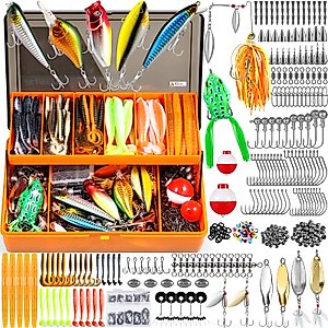 PLUSINNO 404 PCS Fishing Lures, Upgrade XL Fishing Tackle Box with Tackle Included, Crankbaits, Hooks, Weights, Other Accessories, Fishing Lure Bait Gear Equipment Kit Gift for Men Freshwater Bass