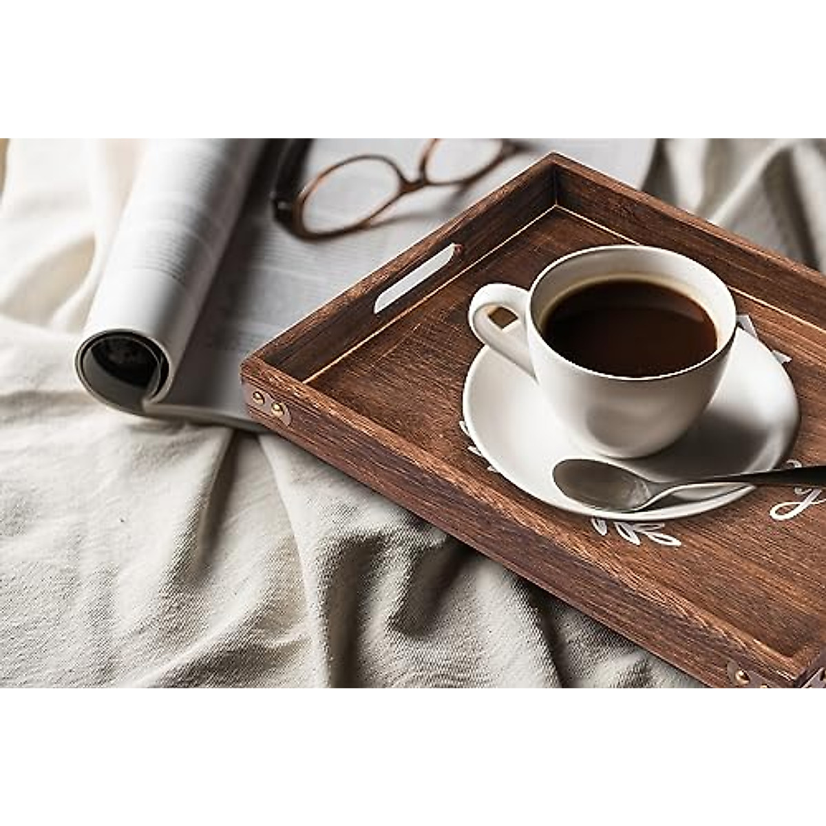 Sweet Happy Home - Rectangle Wooden Coffee Serving Tray with Handles, Funny Rustic Farmhouse Foods Tray Coffee Table Tray Home Kitchen Decorative for Christmas Birthday Housewarming Gifts