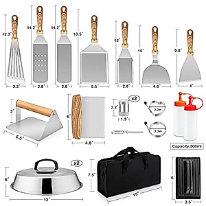 Joyfair 19Pcs Griddle Accessories Kit, Flat Top Grill BBQ Turners with Melting Domes, For Outdoor Camping Teppanyaki, Include Basting Cover, Burger Press, Stainless Steel Spatulas, Scarpers, Carry Bag
