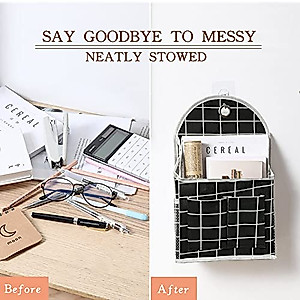 AUHOKY 2Pcs Wall Hanging Storage Bag, Waterproof Over The Door Closet Organizer with 3 Pockets, Stylish Hanging Pocket Linen Cotton Pouch Box Containers for Bedroom Bathroom Desktop(Black/White)