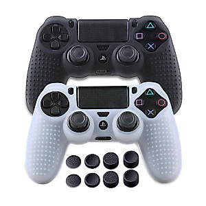Silicone Covers Compatible with PS4 Controller - 2 Pack Anti-Slip Protector Controller Case Skins - with 4 Pairs Thumb Grips - Black & White