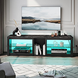 Bestier TV Stand for 70 inch TV with Power Outlets, LED Entertainment Center for PS5, Gaming TV Consoles with Glass Shelves for Living Room, 63'' Inch, Black Marble