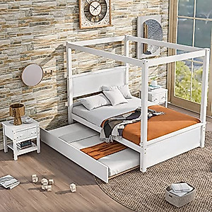 Bellemave Full Size Wood Canopy Bed with Trundle and Two Nightstands, 4-Post Platform Frame Headboard, 3 Pieces Bedroom Set (Brushed White) Full Canopy Bed+2 Nightstands