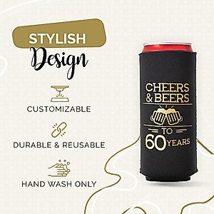 Cheers and Beers to 60 Years Can Coolers, 60th Birthday Party Coolies, Set of 12, Black and Gold Can Coolers, Perfect for Birthday Parties, Birthday Decorations