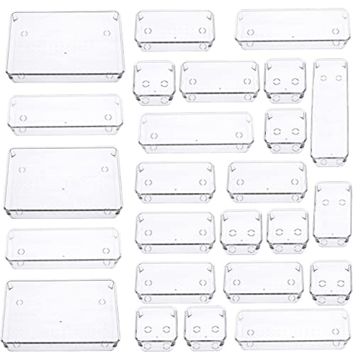 Cq acrylic 25 PCS Clear Plastic Drawer Organizers Set,4 Sizes Desk Drawer Dividers Trays Dresser Storage Bins Separation Box for Makeup, Jewelries and Gadgets,Bedroom,Bathroom,Office