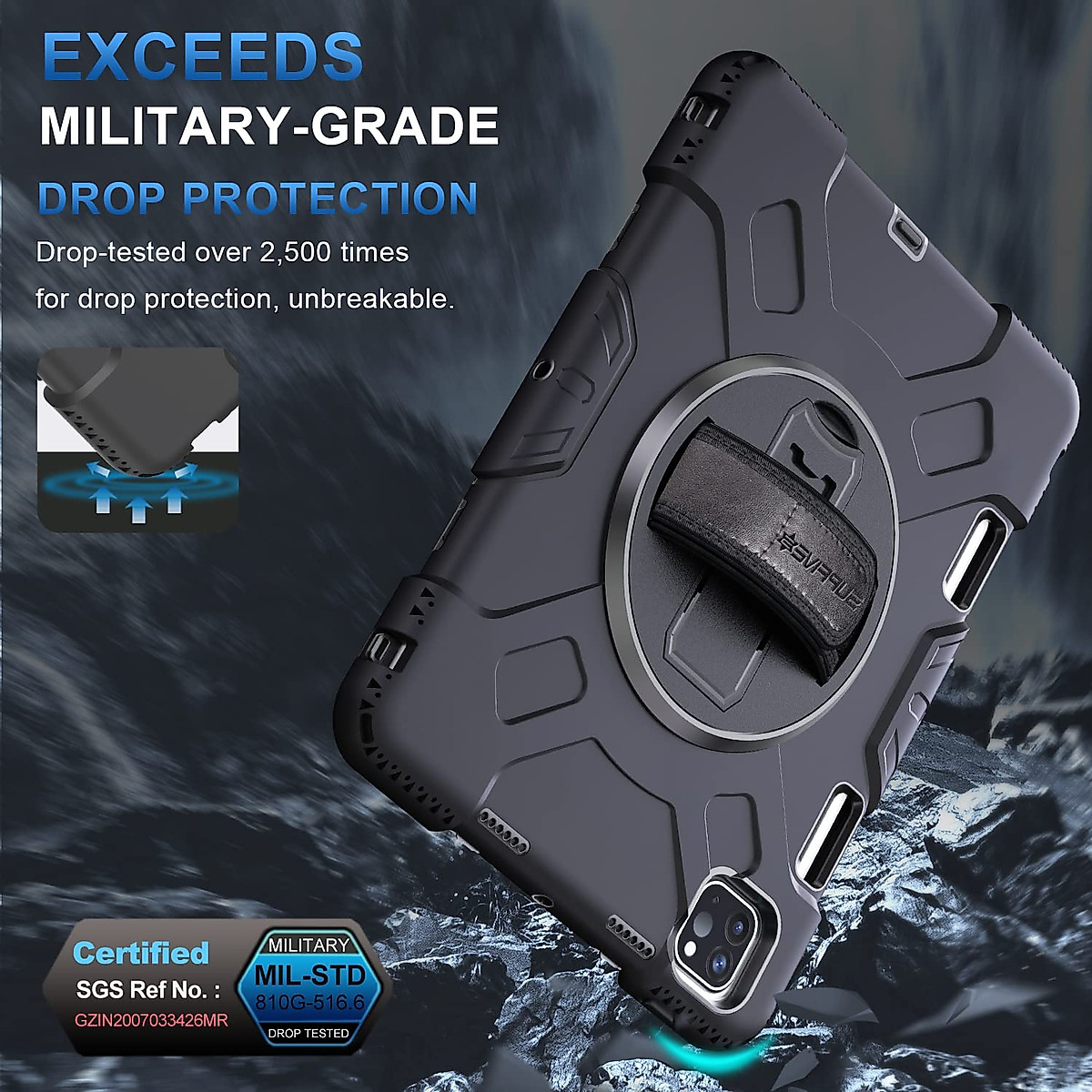 SUPFIVES 2022 iPad Pro 11 inch Case (4th Generation),Upgraded Military Grade Shockproof Silicone iPad Pro 11 4th/3rd/2nd Gen Cover Pencil Holder+ Handle+ Shoulder Strap+ Rotating Kickstand, Black