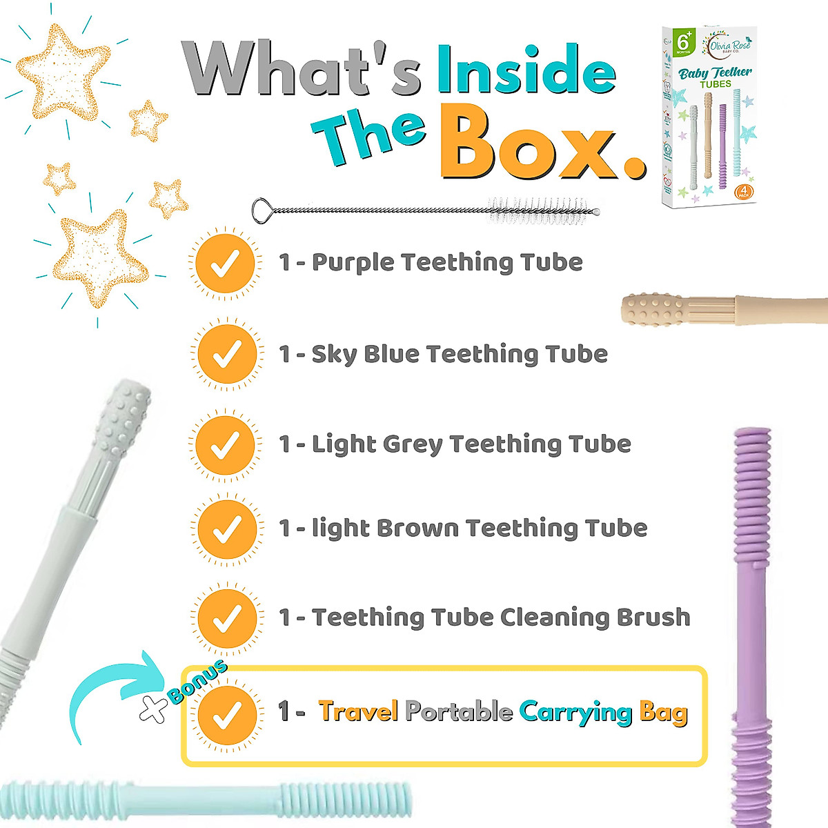 Soft Hallow Silicone Teething Tubes for Babies, (4 Pack) Baby Teether Tubes Includes Cleaning Brush, Soothing Teether & Flexible Teething Stick Toy for Infants & Toddlers, 100% Safe for Girls & Boys