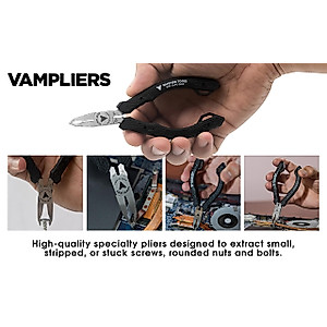 VAMPLIERS 4-Piece Stripped Screw Extractor Pliers Set. Made in Japan: 8" Linesman, 7.5" Long Nose, 6.25" Multipurpose & 5" ESD Safe Pliers. Remove any Stripped/Damaged/Rusted Screws.