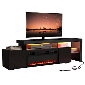 Cozy Castle Extra Long 73.2" Fireplace TV Stand up to 85" TV, High Gloss Entertainment Center with 30" Electric Fireplace, LED Lights and 2 Storage Cabinets, Modern Media Console with Charging Station