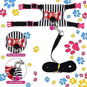 2 Pieces Hamster Harness and Leash Set for Walking, Small Guinea Pig Clothes with Bowknot Bell, No Pulling Comfort Padded Vest Striped for Guinea Pig Hamster Ferret, Small Animals (Blue, Black,S)
