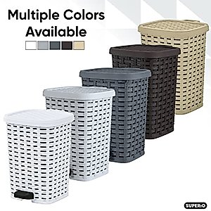 Superio Small Square Pedal Trash Can 7.5 Qt. Charcoal Grey - Rattan Style Compact Small Garbage Can with Lid for Small Spaces, Indoor Outdoor