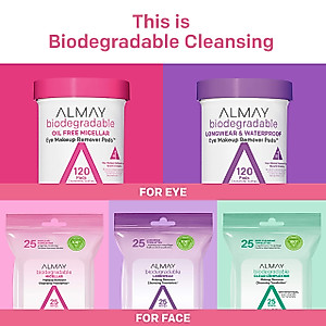 Almay Biodegradable Makeup Remover Pads, Micellar Gentle, Hypoallergenic, Fragrance-Free, Dermatologist & Ophthalmologist Tested, 120 Count