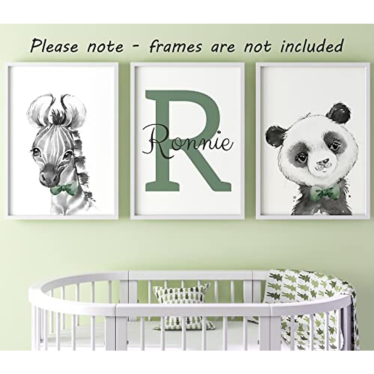 Personalized Safari Animals for Baby Boys Nursery Bedroom Unframed set of 3 Poster Prints, Personalized Name Blue Green Yellow Bow Tie Wall Art Decor New Baby Gift Present, Elephant Giraffe Lion Zebra (8x10)