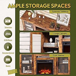 WLIVE Fireplace TV Stand for 65" TV, Entertainment Center with 18 Inch Electric Fireplace, TV Console with Open Shelves for Living Room, Rustic Brown