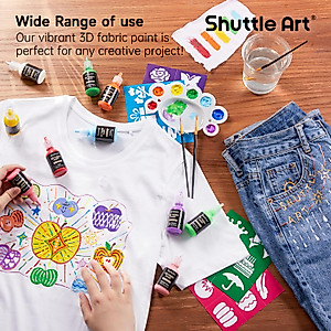 Shuttle Art Fabric Paint Set, 45 Colors 3D Permanent Paint with Brushes Palette Fabric Pen Fabric Sheet Stencils, Glow in The Dark, Glitter,Metallic Colors for Textile Fabric T-Shirt Jeans Glass