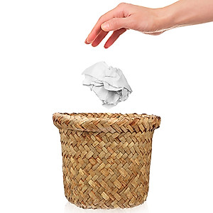 PRETYZOOM Wicker Trash Can Rattan Waste Basket Small Round Seagrass Garbage Can Rubbish Basket Bin for Home Bathroom Bedroom Kitchen Office