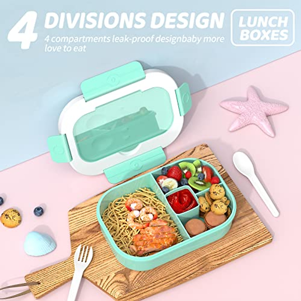 RGNEIN Bento Box Adult Lunch Box, 1300 ML 4-Compartment Bento Lunch Box for Kids, No BPA, Lunch Containers for Adults Come with Fork and Spoon, Leak Proof, Microwaveable, Dishwasherable (Green)