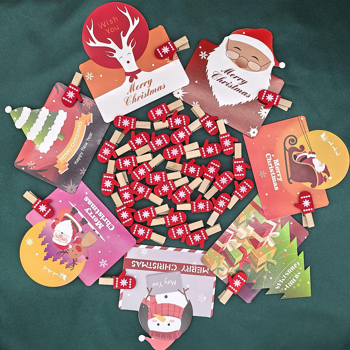 50pcs Christmas Clips Mini Clothes Pins Wooden Clothespins Photo Clips Small Wood Clips Set DIY Hanging Pegs for Christmas Cards Paper Crafts Holiday Party Supplies,Red Gloves