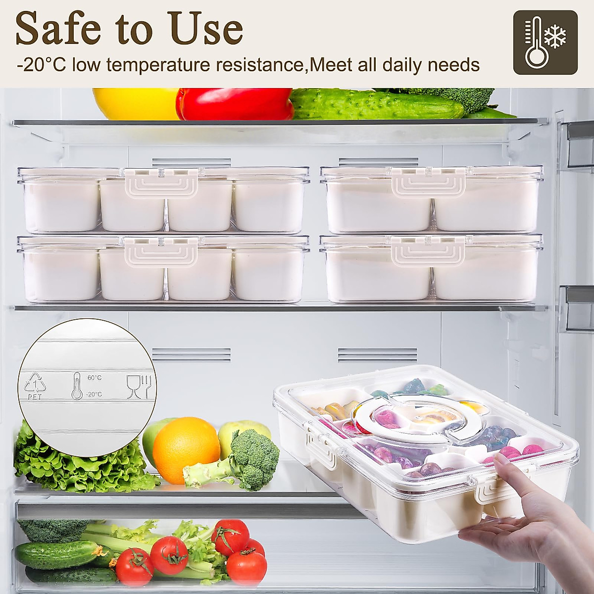 Divided Serving Tray with Lid & Handle - Portable Snackle Box Charcuterie Container for Snack Platters - 8 Compartments Snack Boxs for Candy, Fruits, Nuts - Perfect for Party, Entertaining(White)