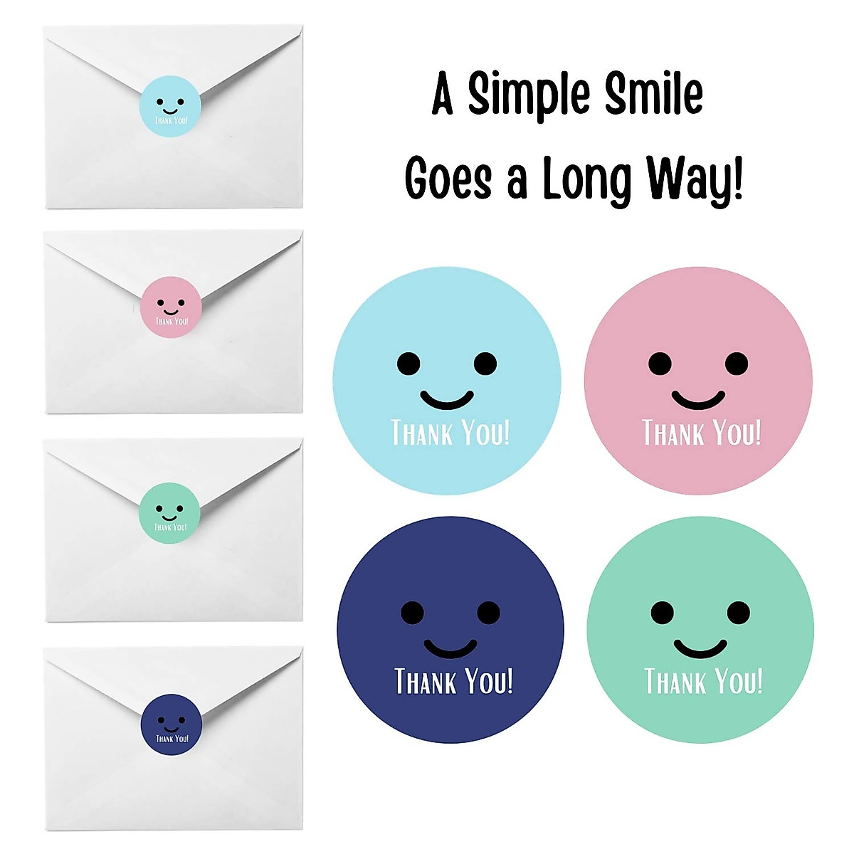 Mobiusea Party Thank You Stickers Roll | Happy Smiley Faces |1.5 inch | Waterproof | 500 Labels for Small Business, Packaging, Mailer Seal Stickers, Baby Showers, Kids Birthday Party | 4 Color Designs