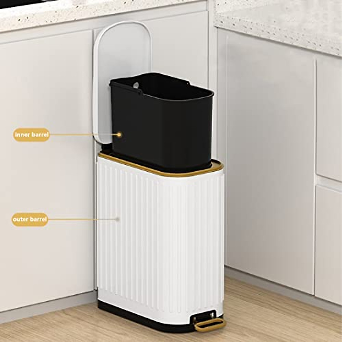 Doyingus Trash Can with Lid Soft Close 2.6 Gal, Small Stainless Steel Step Trash Bin for Bathroom, Slim Garbage Can with Inner Wastebasket for Bedroom, Office, Kitchen (White)