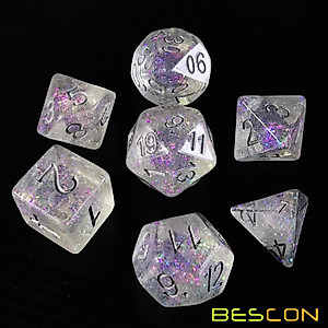 Bescon Shimmery Dice Set Silver-Purple, RPG 7-dice Set in Brick Box Packing