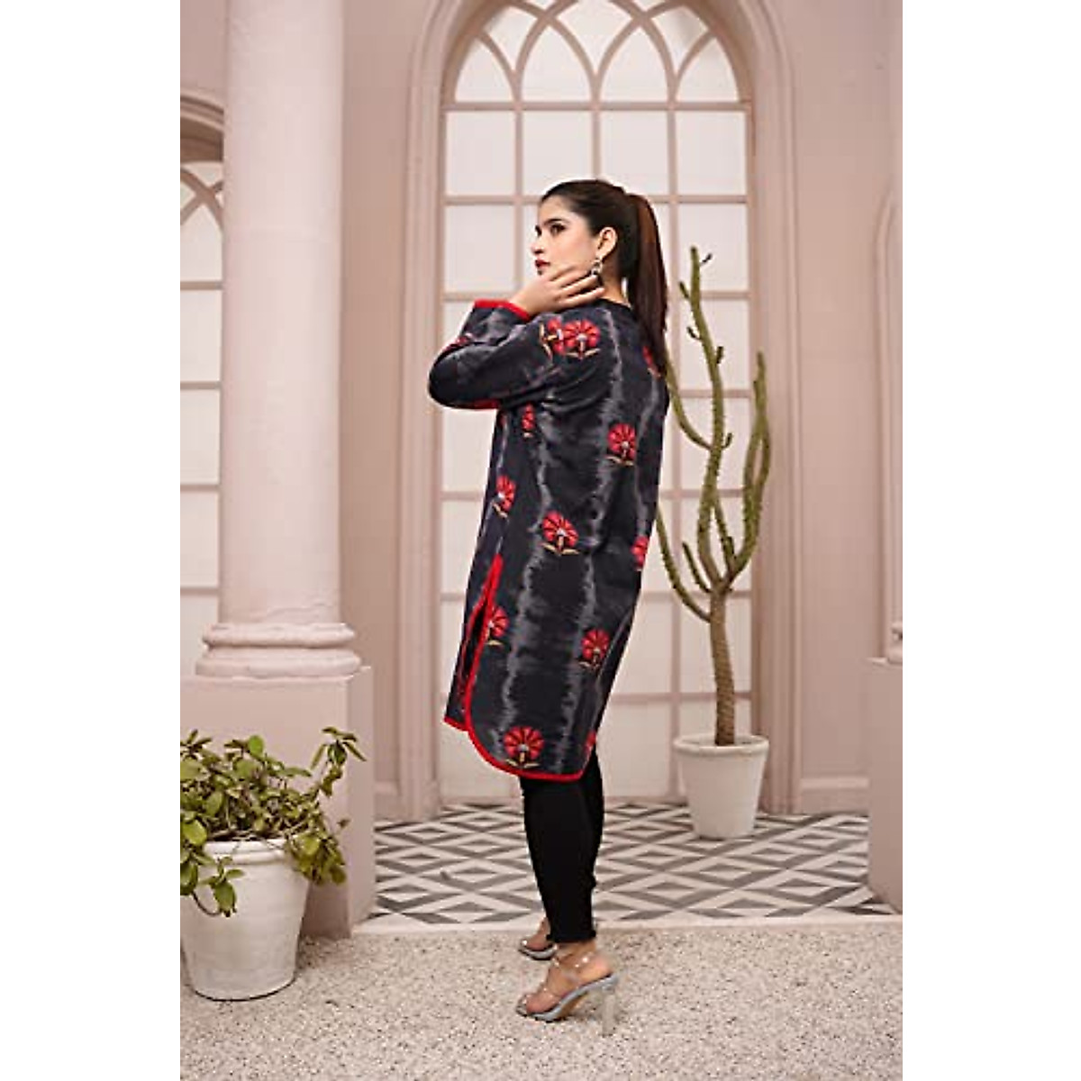 IshDeena Indian Pakistani Short Kurti Tunic Tops - Printed Khaddar Fabric for Women - Office & Casual Wear, Designer, M-3XL (Medium/Black)