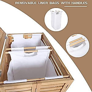 MUPATER Laundry Hamper with Lid, Bamboo Laundry Basket 2 Section with Removable Liner Bags, Foldable Clothes Hamper for Laundry Room, Bedroom and Bathroom