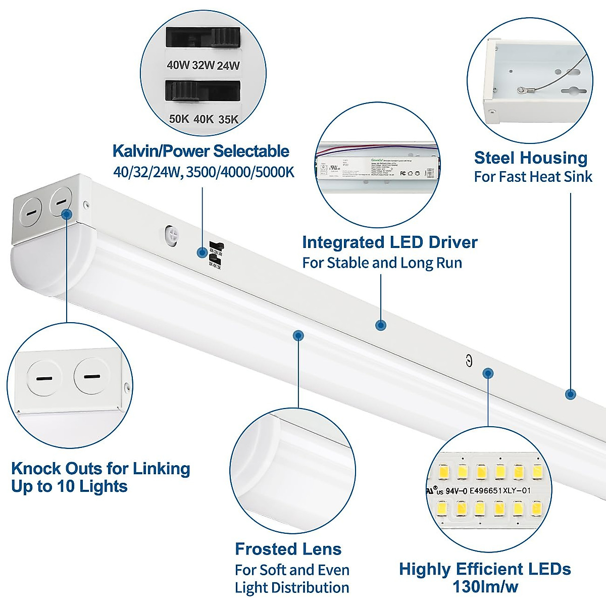 DAKASON 4FT LED Linear Light Fixture, 4 Foot LED Shop Lights 40/32/24W 35/40/5000K CCT Selectable, 4Feet Commercial Bay Lighting Fluorescent Tube Replacement for Office Garage 4 Pack
