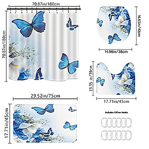 BIUSTAR 4 Piece Blue Butterfly Shower Curtains Sets with Non-Slip Rugs, Toilet Lid Cover and Bath Mat, Bathroom Sets with Shower Curtain and Rugs and Accessories