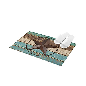 Indoor Doormat Western Metal Texas Vintage Iron Star,Non Slip Soft Bath Mat Rustic Farmhouse Wood Board,Washable Entrance Rug for Kitchen Bathroom Bedroom Living Room 18x30In