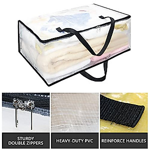 AMJ 3-Pack Clear Clothes Storage Bag with Reinforced Handle, Foldable Heavy-Duty Tote for Space Saving, Vinyl Storage Bag for Comforter, Blanket, Bedding, Duvet, Moving Totes (Clear)
