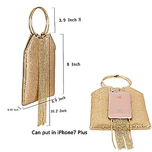 Wrist Handle Cocktail Party Wedding Evening Clutch Crystal Rhinestone Tassels Tote Handbag Metal Mesh Evening Bag