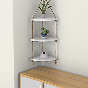 Tirzah 3-Tier Hanging Wall Corner Shelf with Rope, 9 inches White Real Wood Circular Sector Floating Shelf for Home Decor, Kitchen Organizer