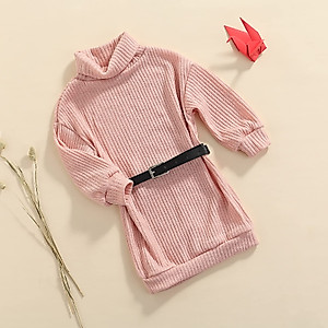 Girls Fall Dress, Kids Turtleneck Long Sleeve Knit Sweater Dress with Belt Toddler Girl Fall Outfits (Pink, 2-3 Years)