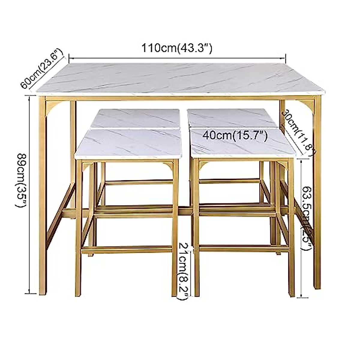 AT-VALY 5-Piece Bar Table Set with 4 Stools,Dining Room Table Set,Small Spaces (Gold & White)