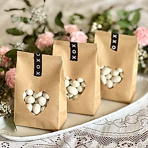 BR Market Kraft Paper Treat Bags - Extra Small with Heart Window, 50 Pcs, 3.3 x 5.5 x 2 Inch, Tin Tie Tab Lock, Brown Window, Perfect for Cookies, Coffee, Weddings