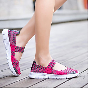 Women Elastic Woven Walking Shoes Flats Sandals,Comfy Casual Non Slip Lightweight Breathable Mary Jane Sneakers Nurse Shoes (10,Red,10)