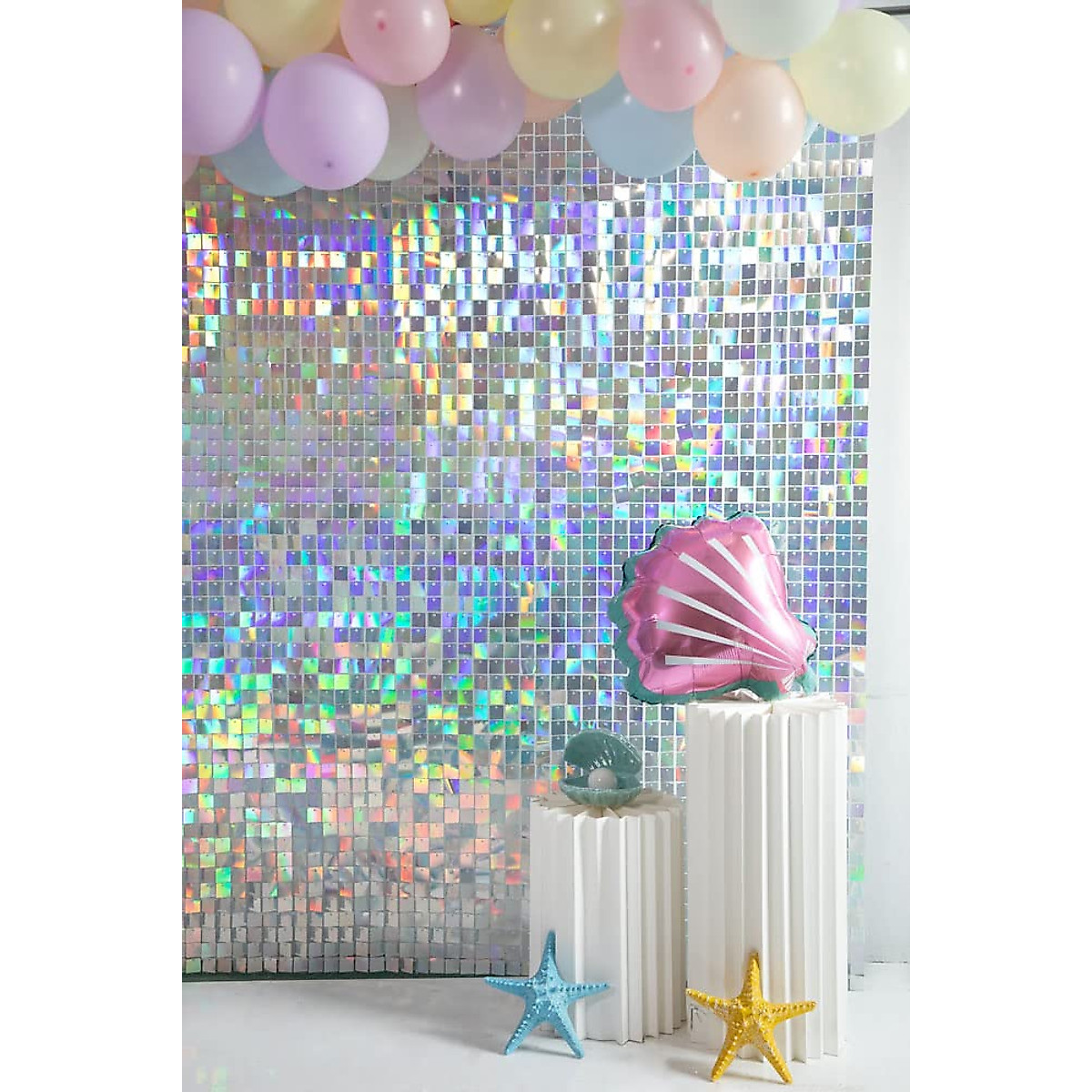 Kate Shimmer Wall Backdrop Iridescent Silver Wall Panels 24Pcs Square Sequin Shimmer Wall Backdrop Decoration for Birthday Party,Wedding, Anniversary