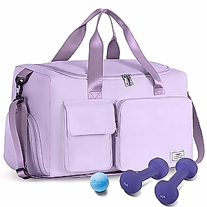 FIORETTO Sports Gym Duffle Bag with Shoes Compartment, Weekend Travel Overnight Bag for Women, Mens, Foldable Water Resistant Holdall Hospital Bag For Swimming, Basketball (Light Purple)