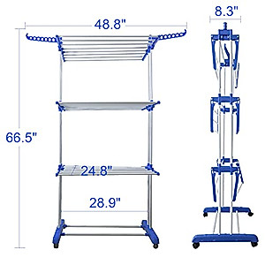 Foldable Clothes Drying Racks with Storage Shelves, Garment Rack with Rolling Free-Standing Clothing Rack Closet Organizer with Double Rods/Lockable Wheels & 2 Pairs Side Hooks (Blue)