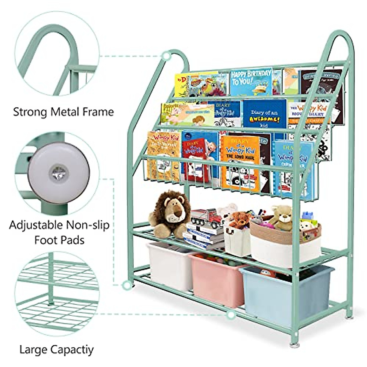 aboxoo Metal Kids Bookshelf Green Freestanding for Children Room 32 in Toy Organizer Large White Stable Bookcase Bookstore Living Room Bed Room Library Book Unit Storage