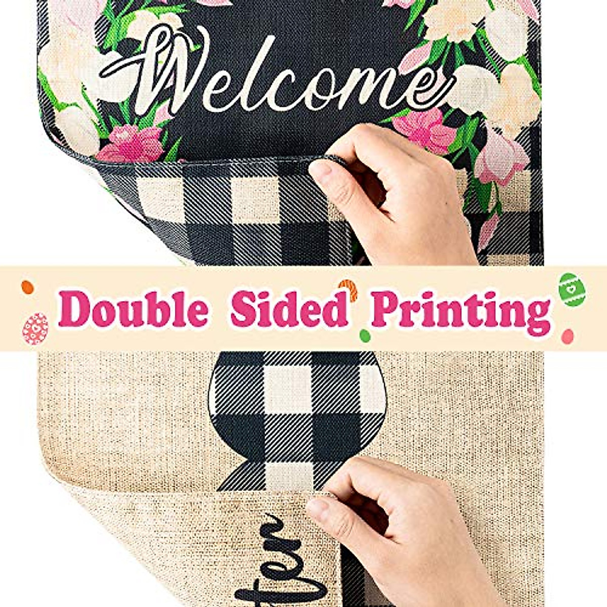 GROBRO7 Easter Buffalo Plaid Garden Flag Burlap Rabbit Flag House Decorative Welcome Checkered Yard Decoration Double Sided Print Seasonal Outdoor Décor for Happy Easter Day 12"x18"