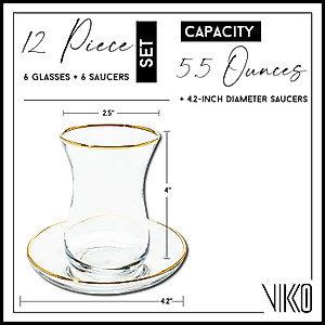 Vikko Turkish Tea Glasses & Saucers, 5.5 Oz Turkish Tea Cups,Turkish Glass Tea Set For Six, Tea Cup Glass, Clear Glass Tea Cups And Saucers, Gold Accented Turkish Tea Cup Set, 6 Cups and 6 Plates