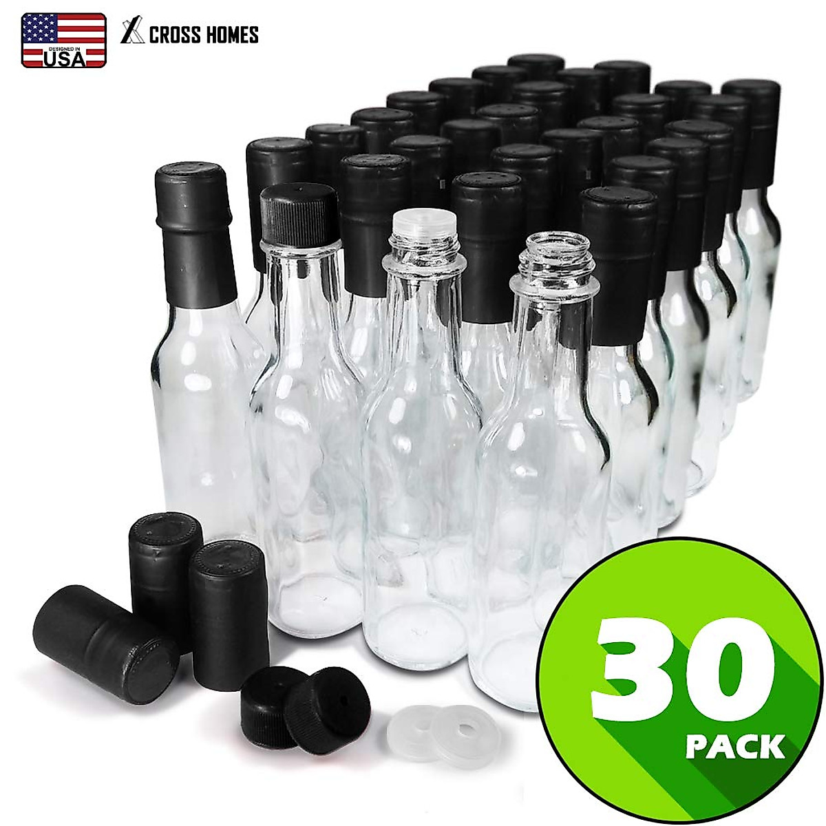 Hot Sauce Woozy Bottles Empty 5 Oz Complete Sets of Premium Commercial Grade Clear Glass Dasher Bottle with Shrink Capsule, Leak Proof Screw Cap, Snap On Orifice Reducer Dripper Insert (Black 30 Sets)