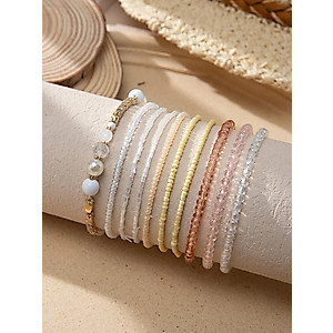 COLORFUL BLING Bohemian Crystal Beaded Bracelets Set Multilayer Stackable Bracelets Boho Charms Stretch Bracelet Handmade Multicolor Crystal Beaded Bangles Strand Bracelet Set-D